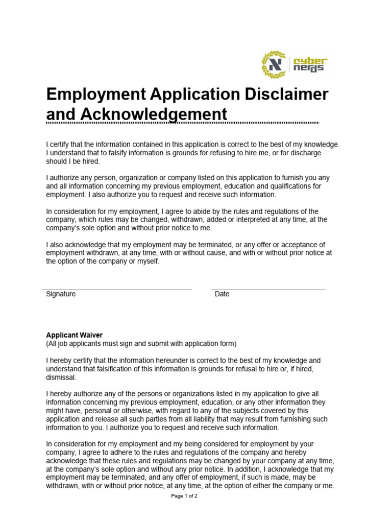 Employment Application Acknowledgement Form | PDF | Disclaimer | Civil ...