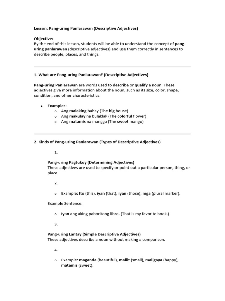 Pang Uring Panlalarawan | PDF | Adjective | Noun