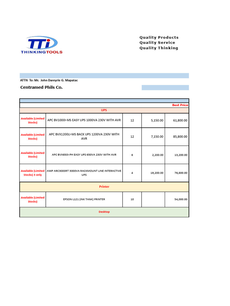 SOB-2024-2254-Centramed Phils Co. - Desktop, UPS and Printer Quotation | PDF | Personal ...