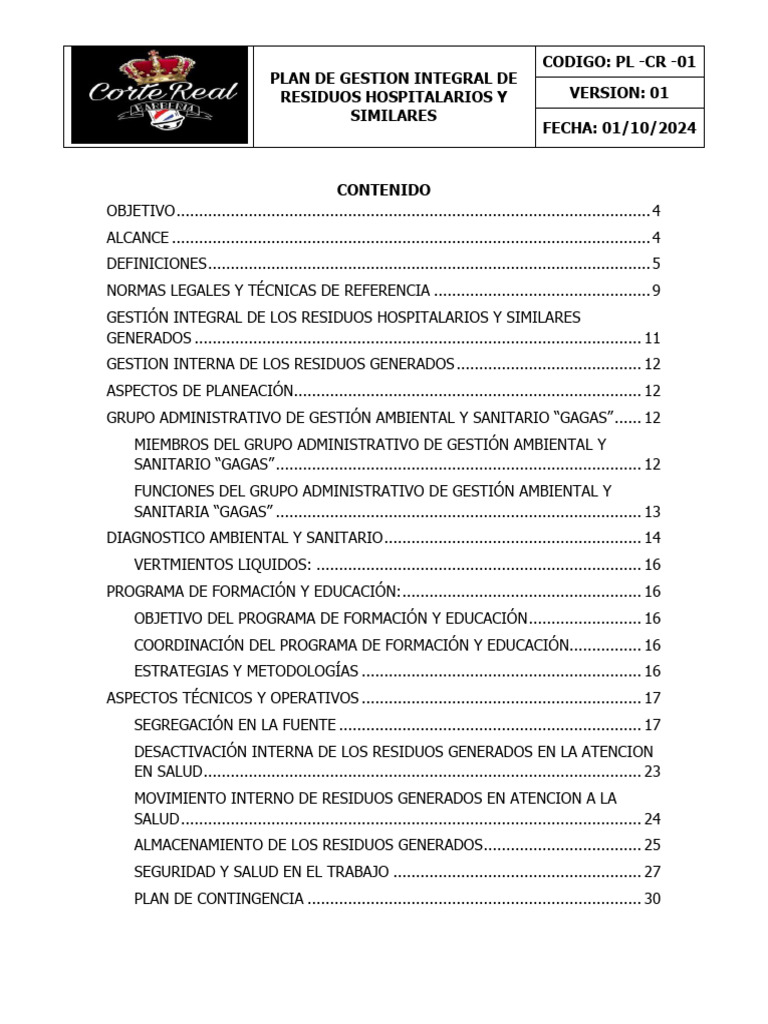 PL-CR-01 - Plan de Gestión Integral de Residuos Hospitalarios y Similares | PDF | Residuos ...