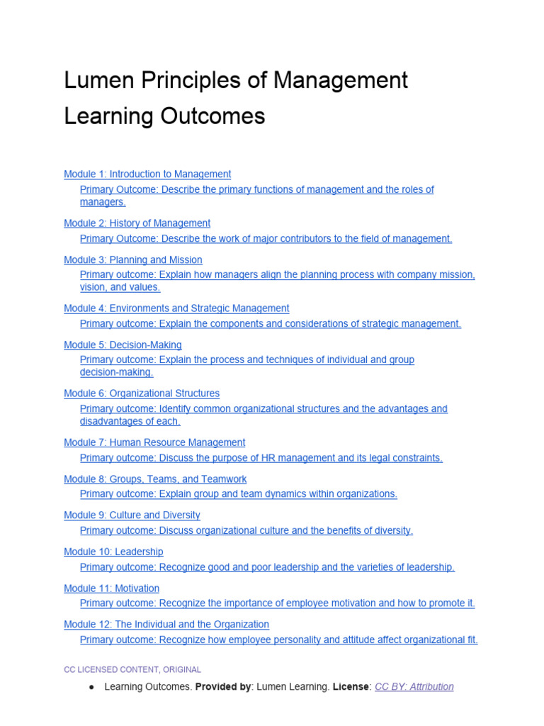 Principles of Management Learning Outcomes All Levels | PDF
