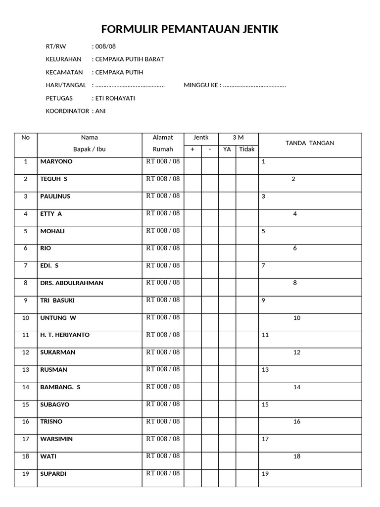 Formulir Pemantauan Jentik | PDF