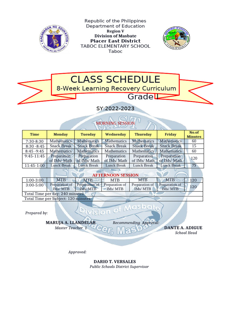 Class Schedule 8 Week Curriculum Grades 1 3 | PDF