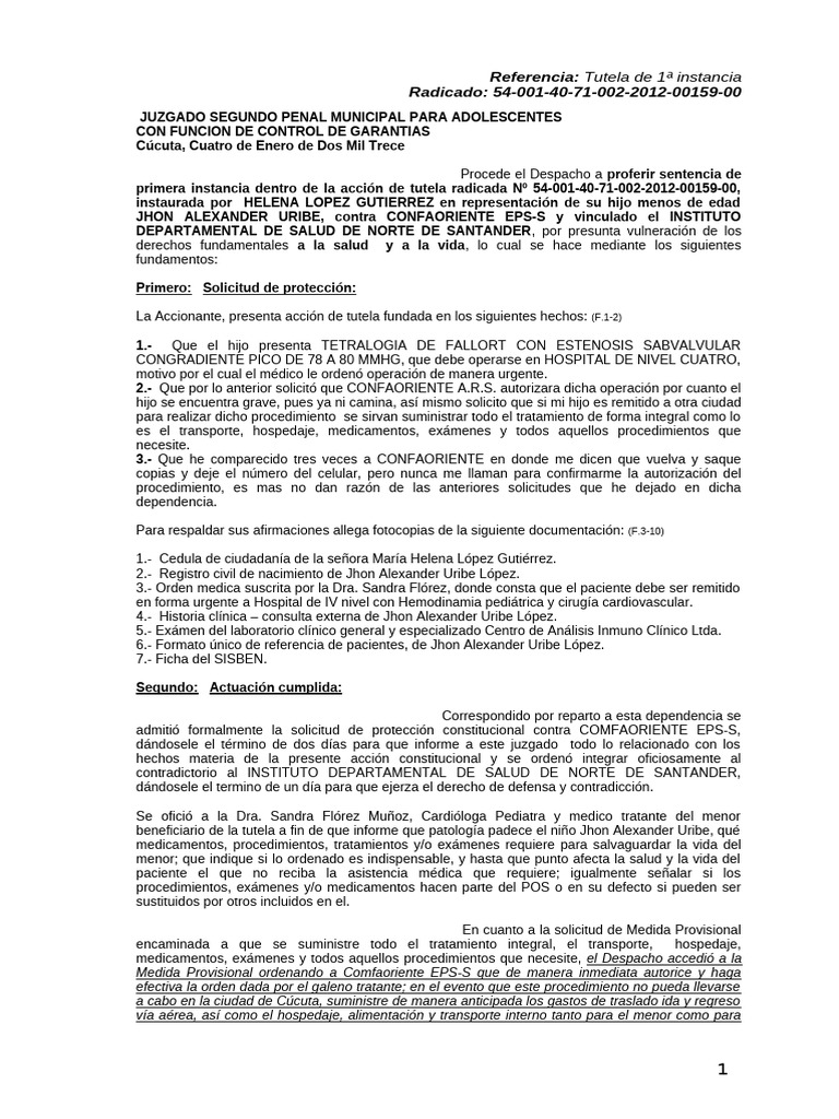 Sentencia 2012-00159 Comfaoriente Eps-S y Vinculado Ids Gastos de Ransporte, Alojamiento y ...