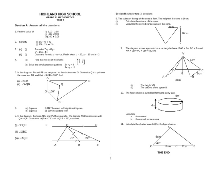 Grade 11 Math Test Questions | PDF | Area | Mathematics