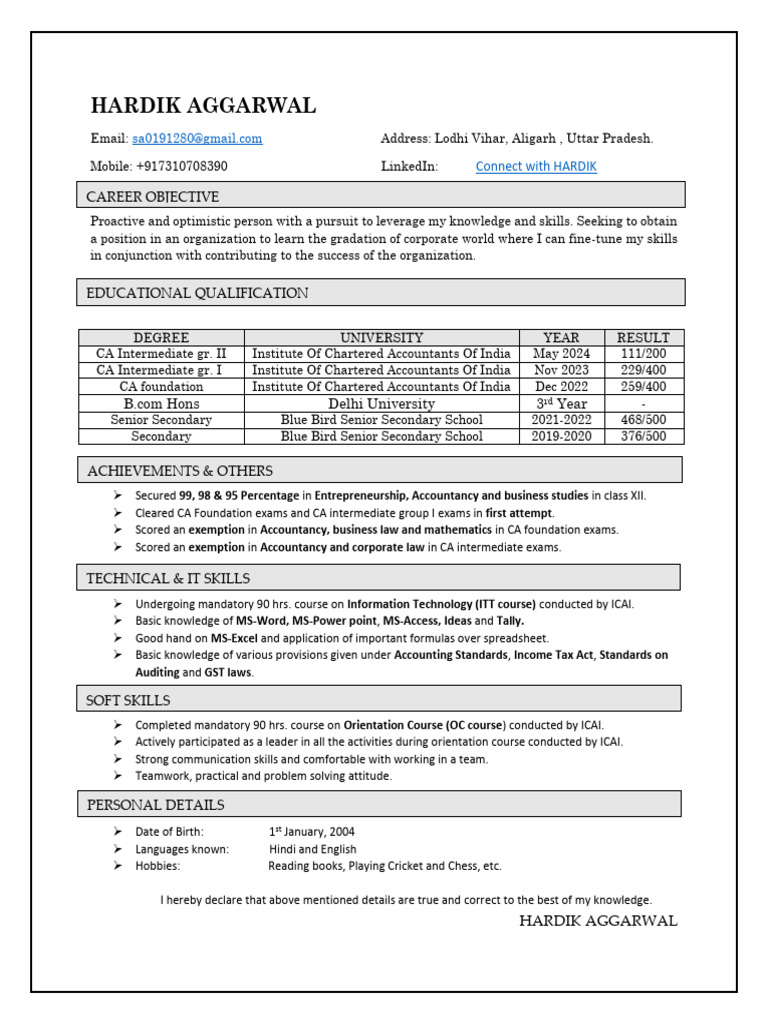 Hardik - Resume - Statutary Audit | PDF | Career & Growth