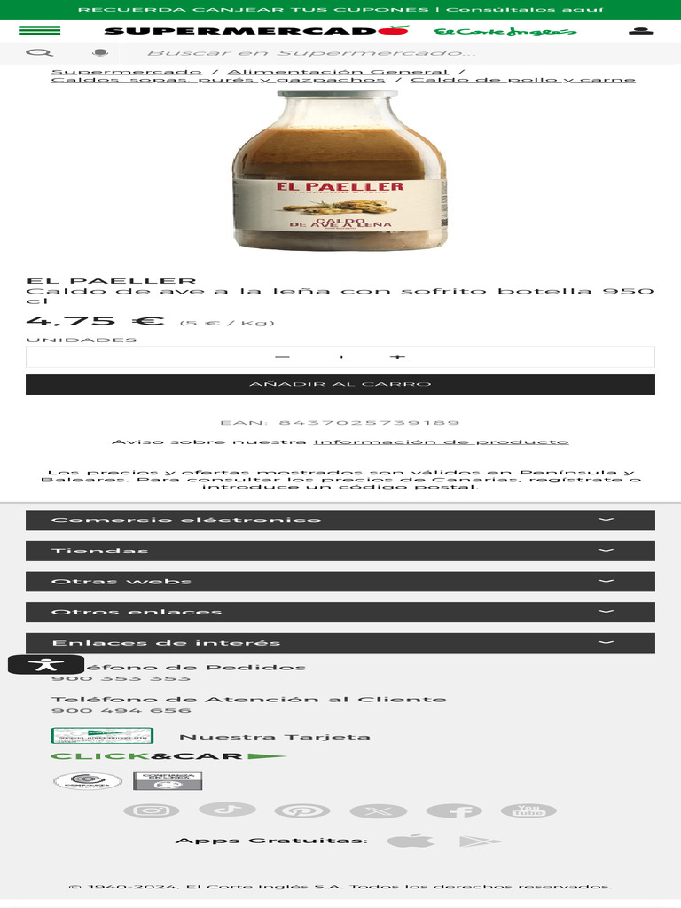 Caldo de Ave A La Leña Con Sofrito Botella 950 CL EL PAELLER Supermercado El Corte Inglés El ...