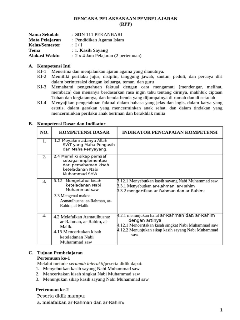 RPP PAI SD Kelas 1 Kurikulum 2013 | PDF