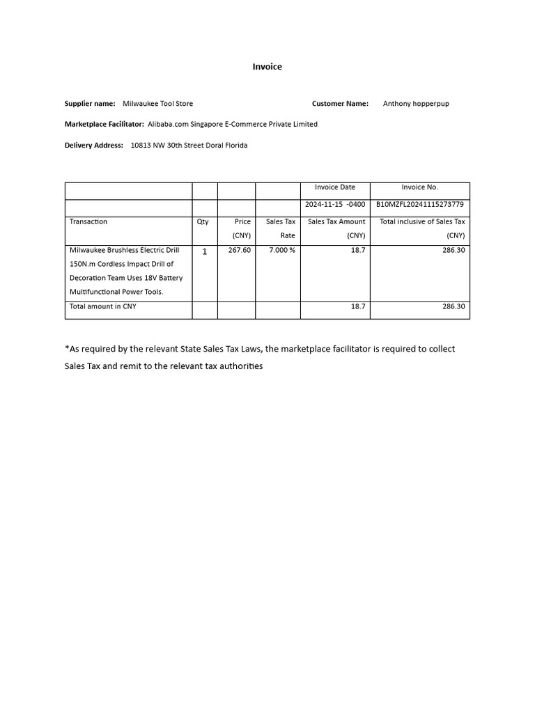 Milwaukee Tool Invoice for Anthony Hopperpup | PDF