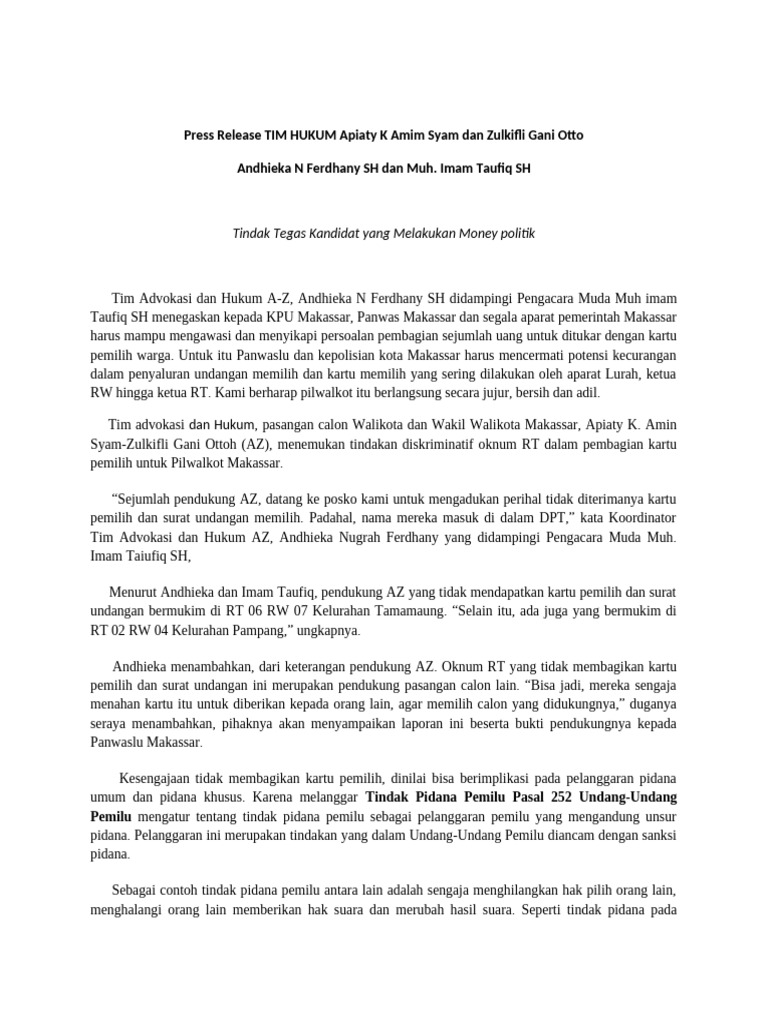 Press Release TIM ADVOKASI Apiaty K Amim Syam Dan Zulkifli Gani Otto ...