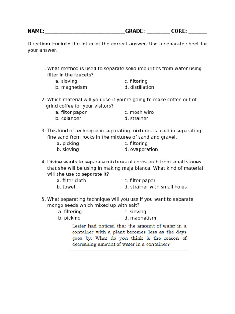 Techniques for Separating Mixtures Quiz | PDF | Distillation | Evaporation