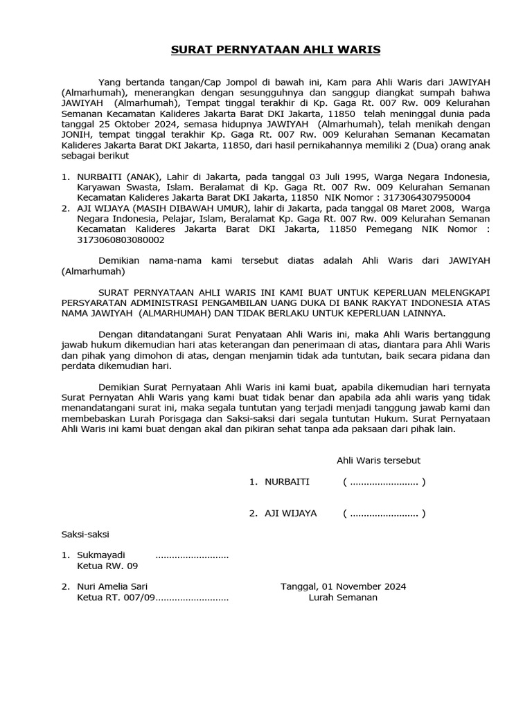Surat Pernyataan Ahli Waris | PDF