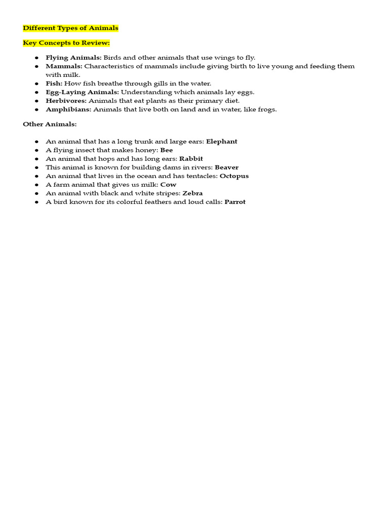 Different Types of Animals - Key Reviewer | PDF