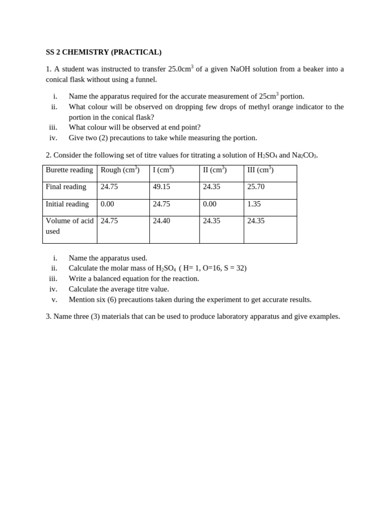SS2 Chemistry Practical: Titration Guide | PDF | Science & Mathematics
