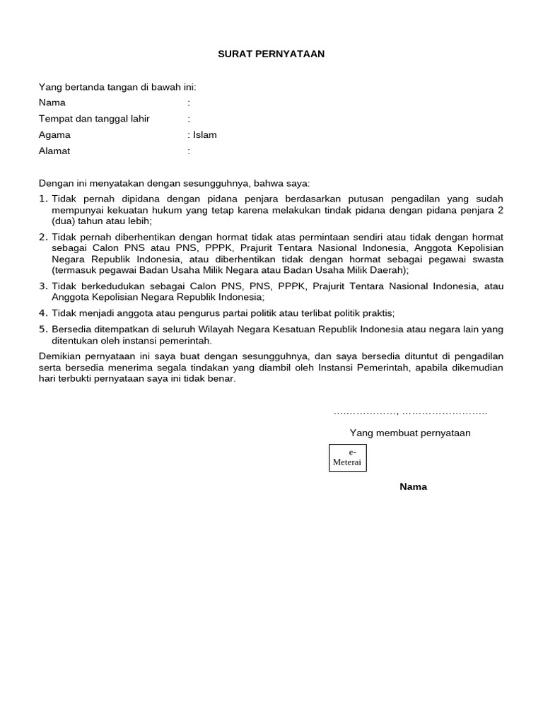 Lampiran III Surat Pernyataan 5 Point | PDF