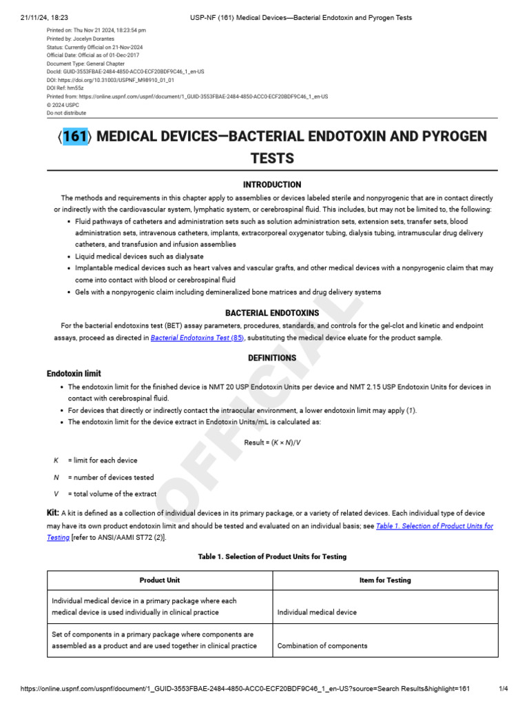USP-NF 161 Medical Devices-Bacterial Endotoxin and Pyrogen Tests | PDF ...