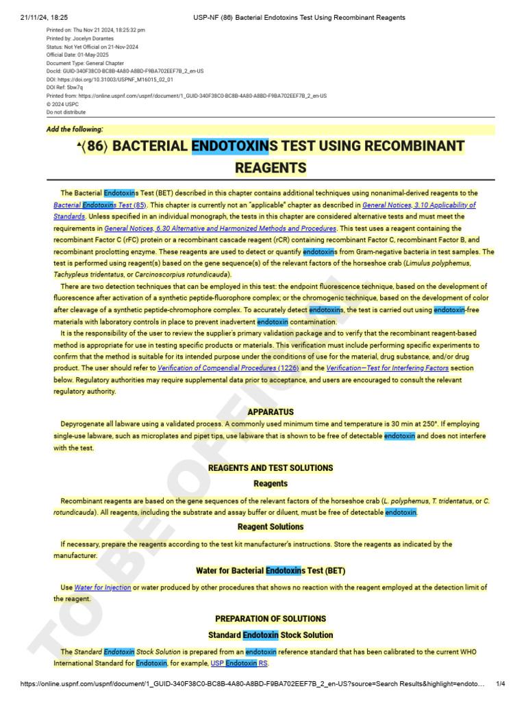 Usp Nf 86 Bacterial Endotoxins Test Using Recombinant Reagents Pdf Ph Recombinant Dna