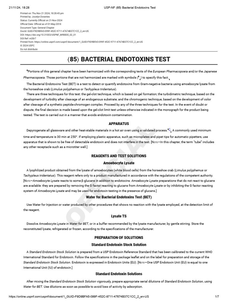 USP Bacterial Endotoxins Test Guide | PDF | Logarithm | Lipopolysaccharide