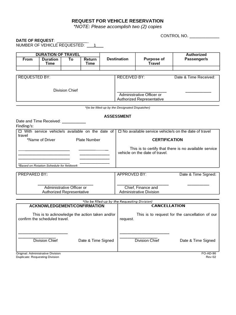 Vehicle Reservation Request Form | PDF | Transport | Vehicles