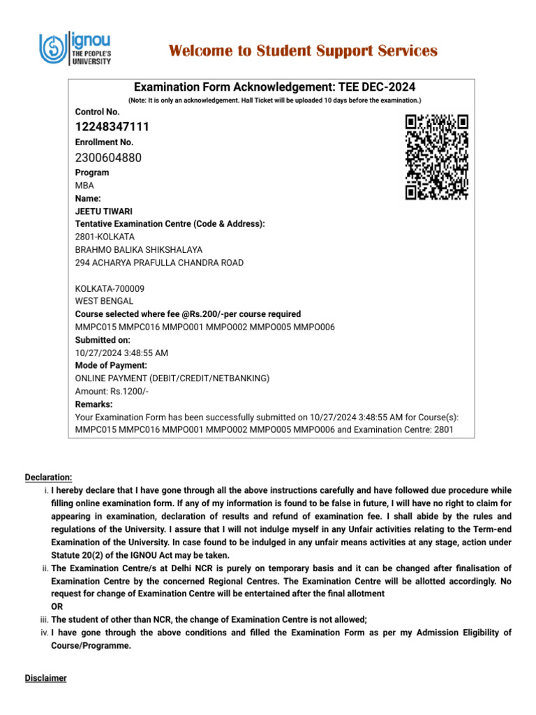 IGNOU - Examination Form Acknowledgement | PDF