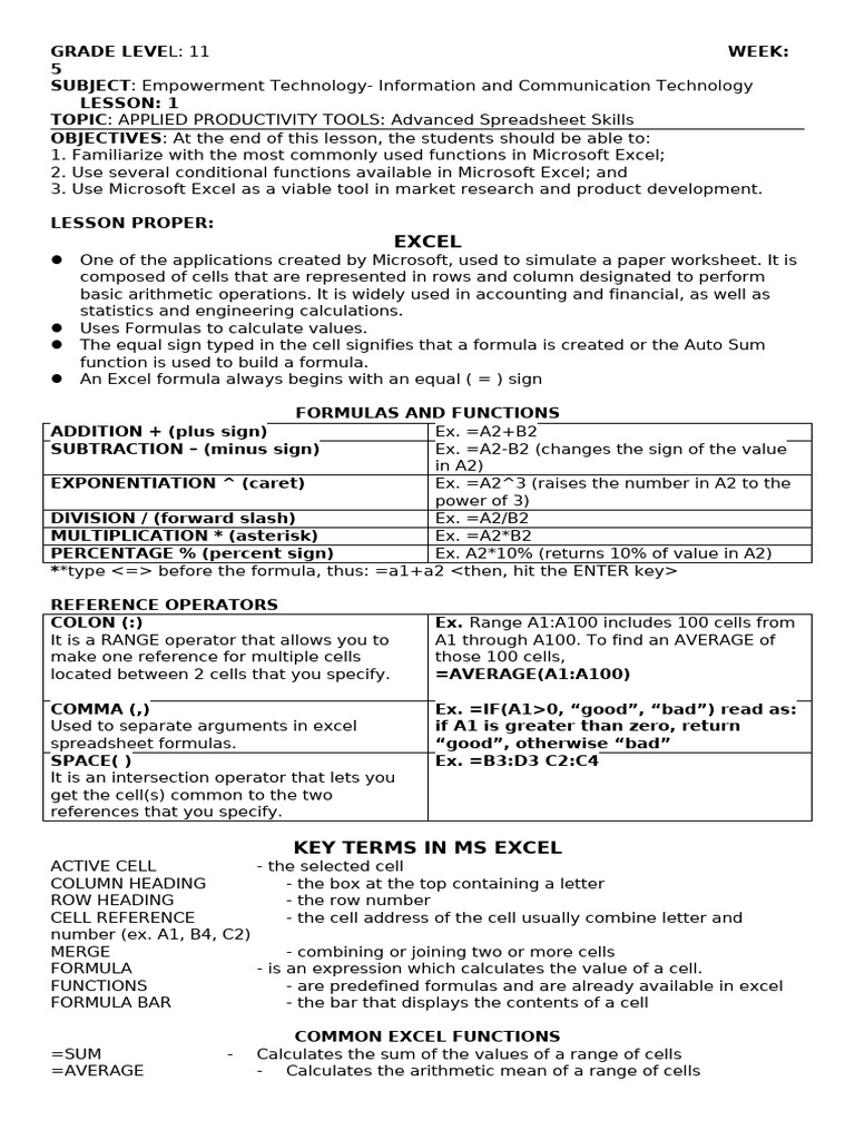 Lesson 1 Week 5 e Tech | PDF | Microsoft Excel | Spreadsheet