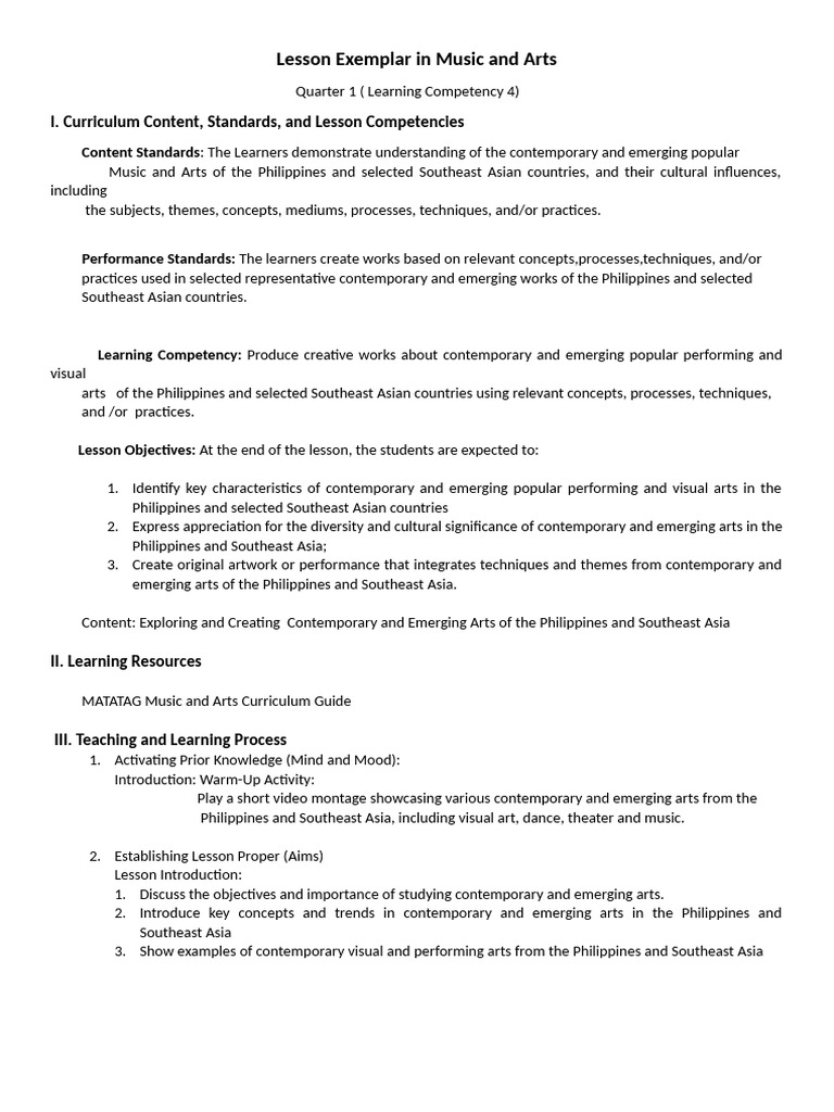 Lesson Exemplar in Music and Arts | PDF | The Arts | Rubric (Academic)