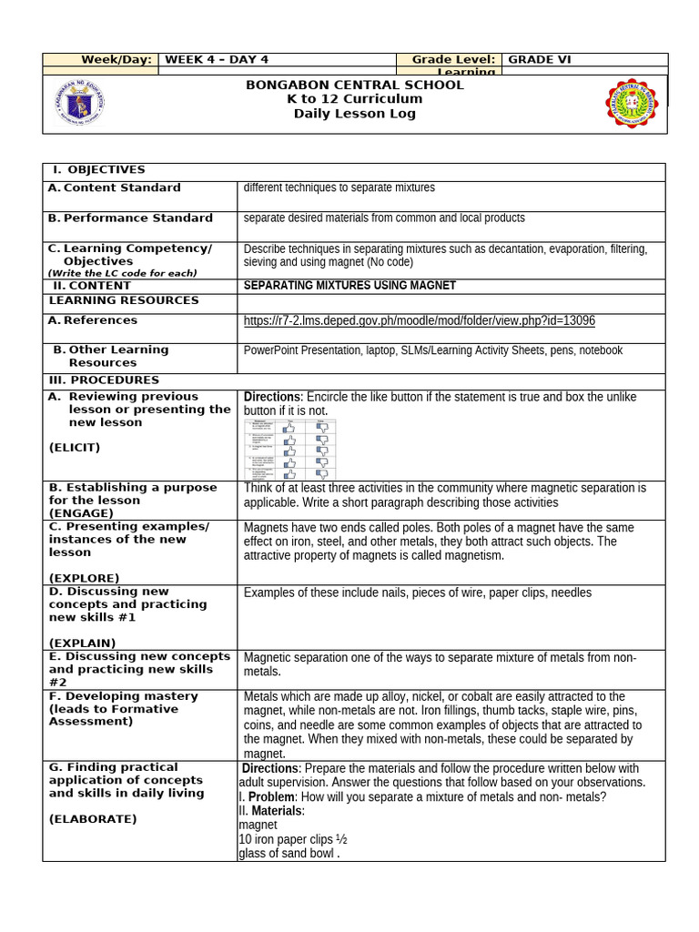 DLL Science Q1 W4 D4 | PDF | Magnet | Metals