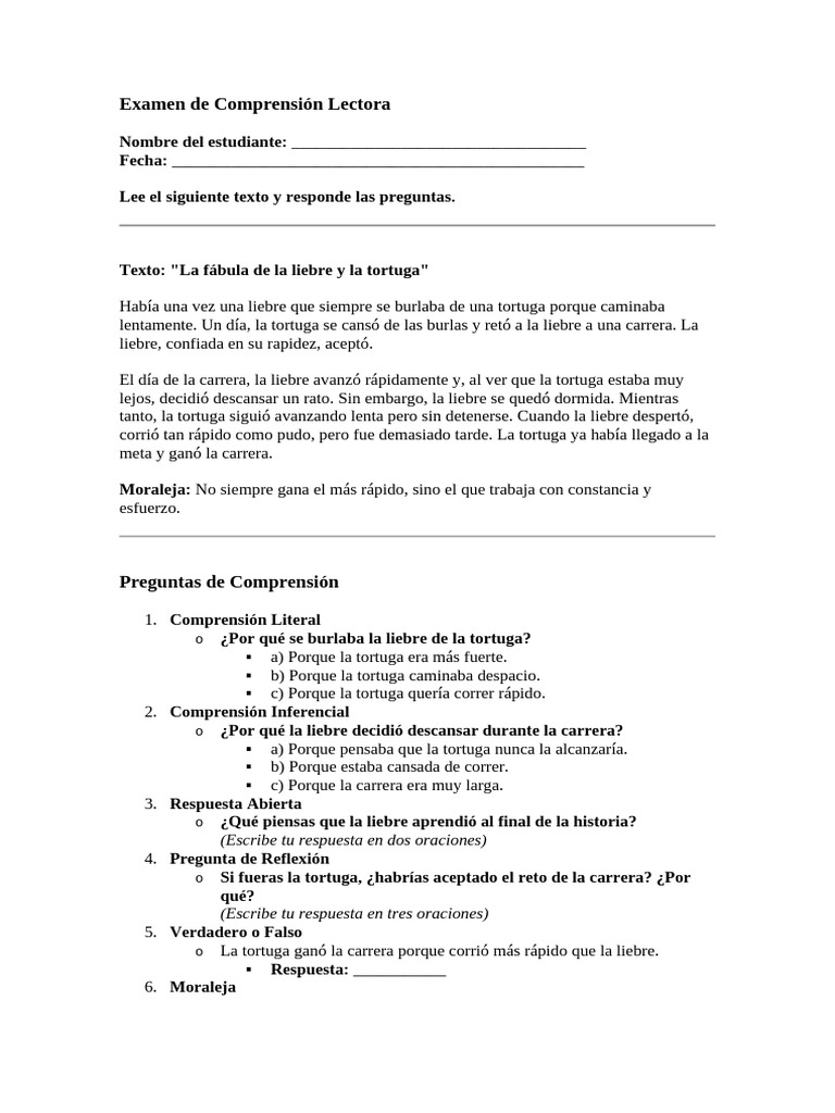 Examen de Comprensión Lectora | PDF | Artes del Lenguaje y Comunicación