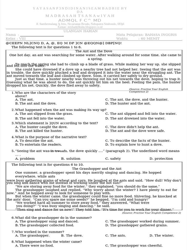 PDF Soal Bahasa Inggris Kelas 8 SMP Mts Narrative Text - Compress | PDF