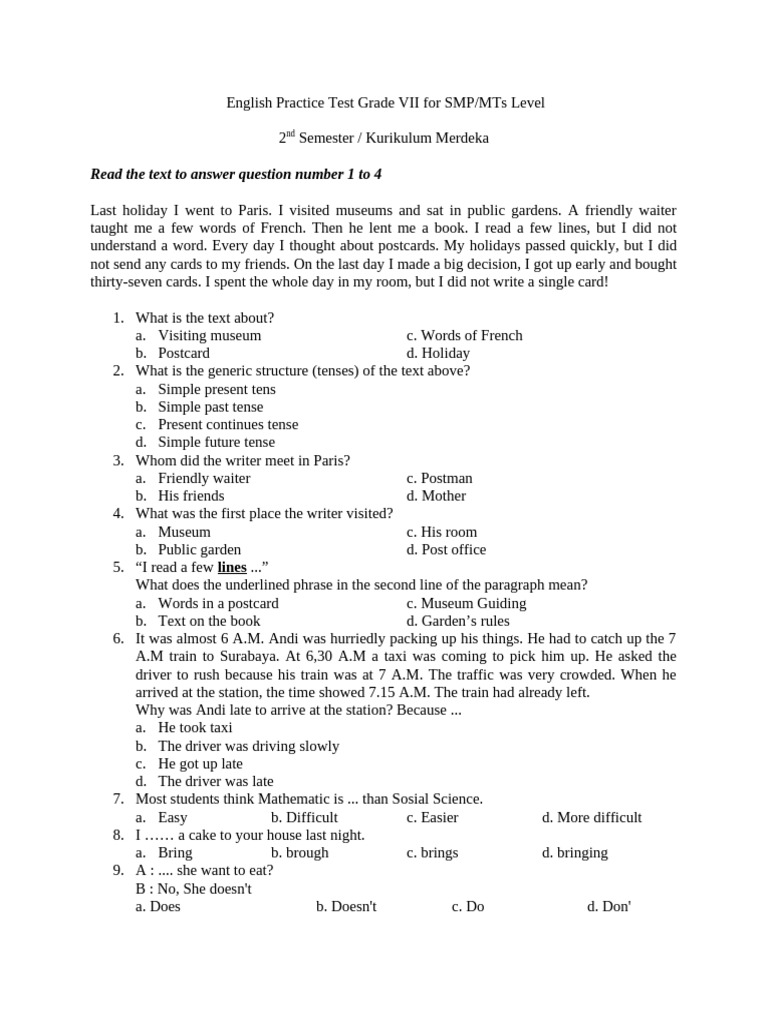 English Practice Test Grade VII For SMP | PDF