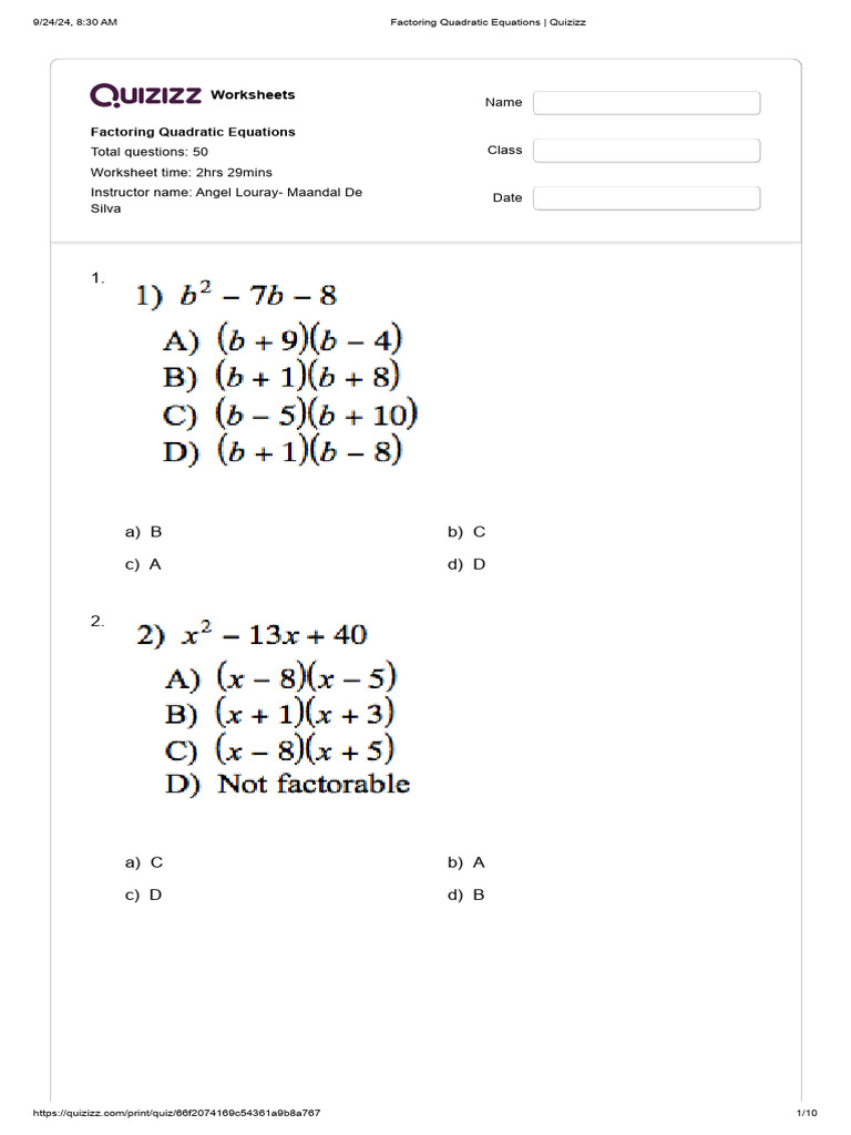 Factoring Quadratic Equations - Quizizz | PDF | Quadratic Equation ...