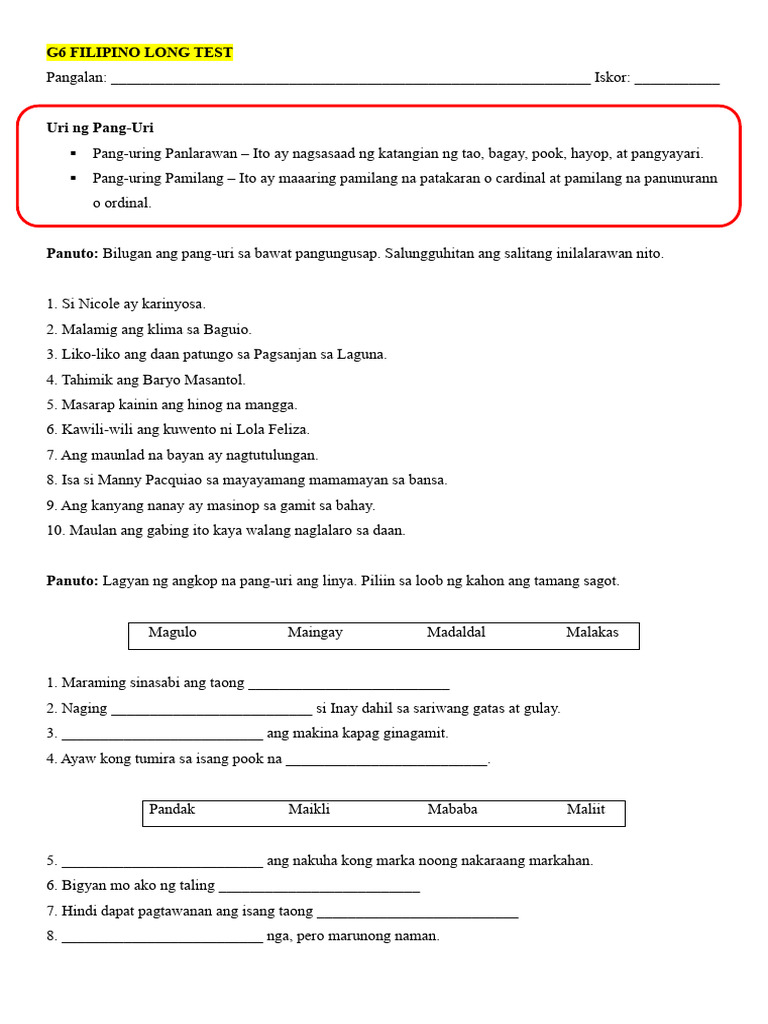 G6 Filipino Long Test | PDF