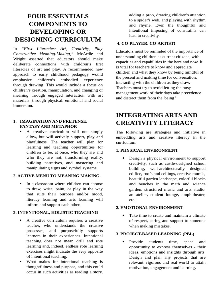 Hand Out Four Essentials Components & Integrating Arts and Creativity ...