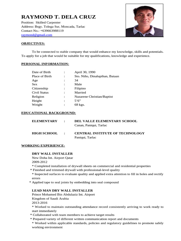 Skilled Carpenter Resume - Raymond Dela Cruz | PDF