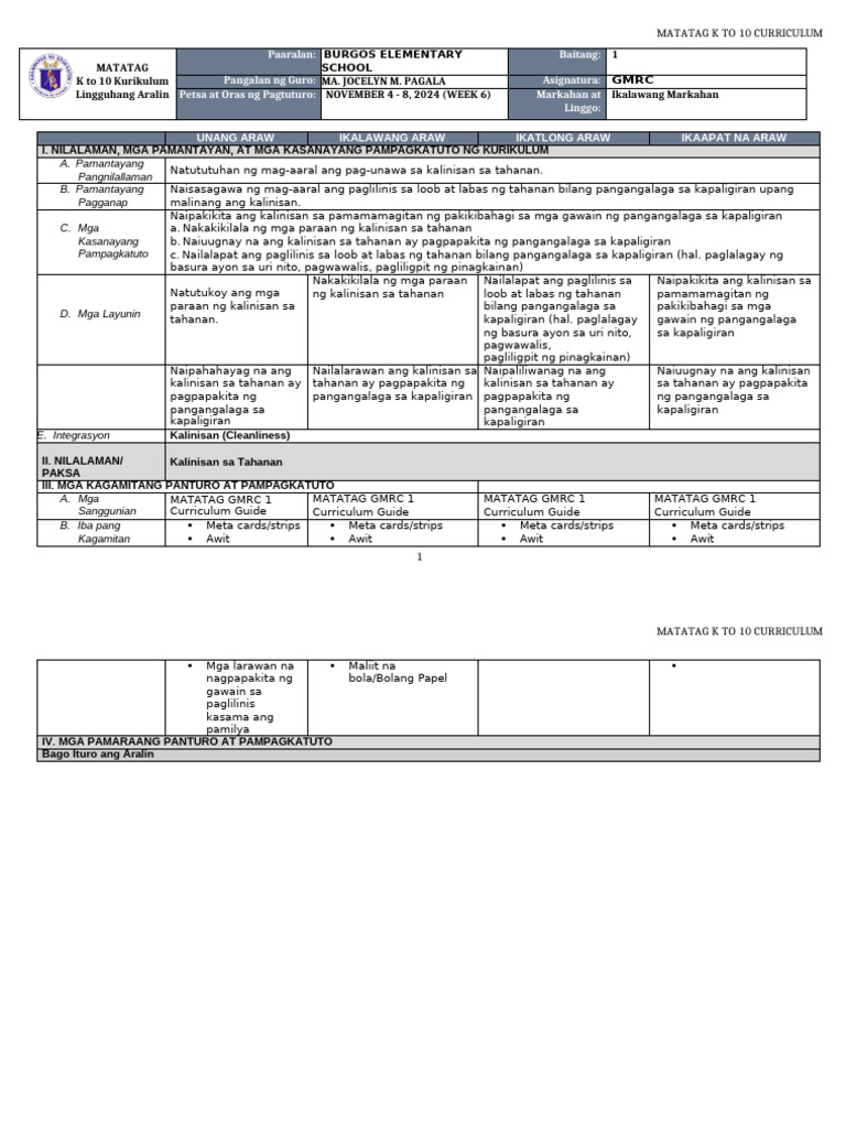 DLL Matatag - GMRC 1 - Q2 - W6 | PDF