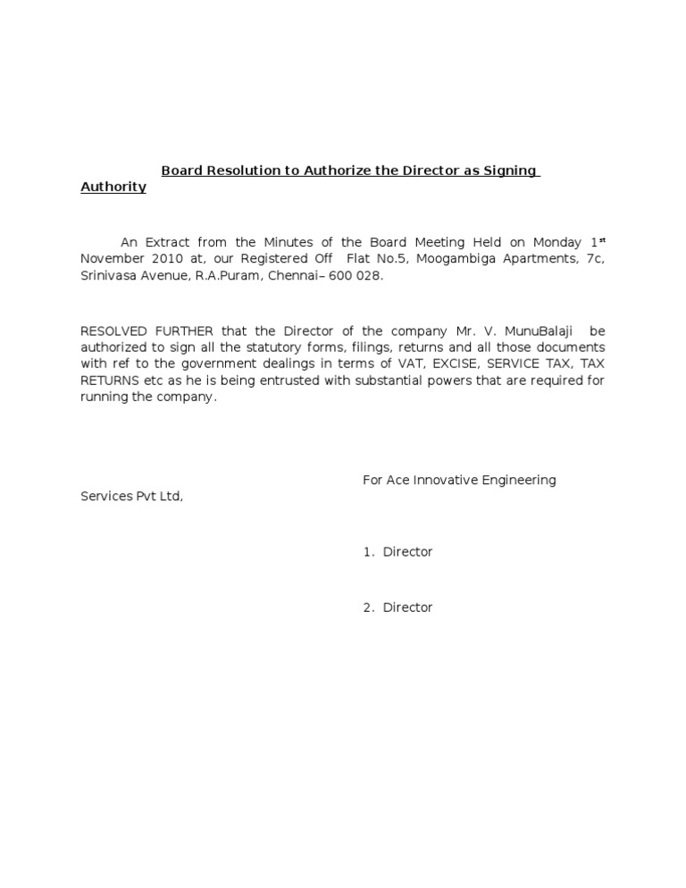 Board Resolution To Authorize The Director As Signing Authority | PDF ...
