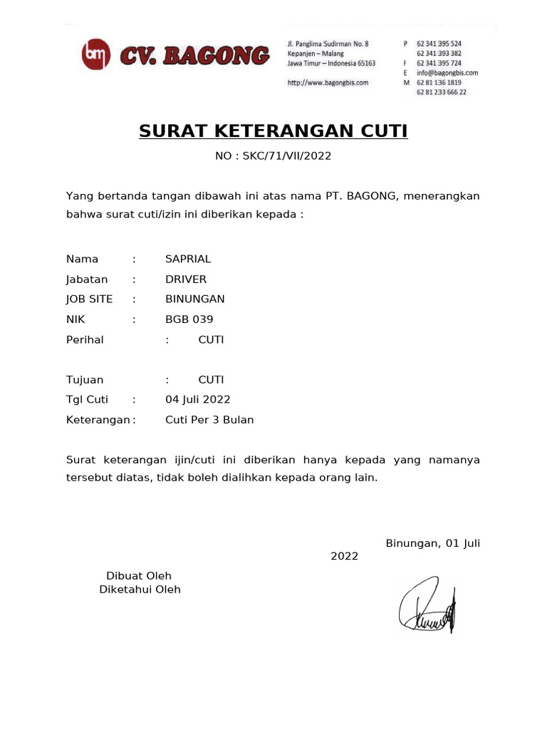 Surat Keterangan Cuti | PDF