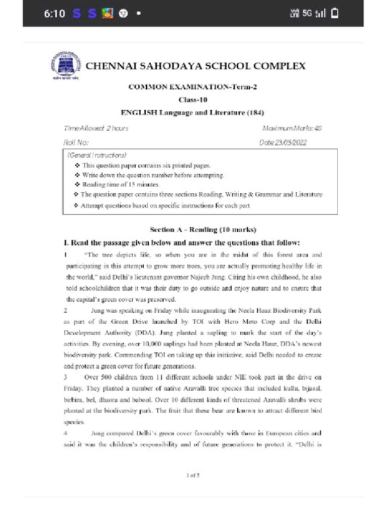 Class 10 English Question Paper | PDF