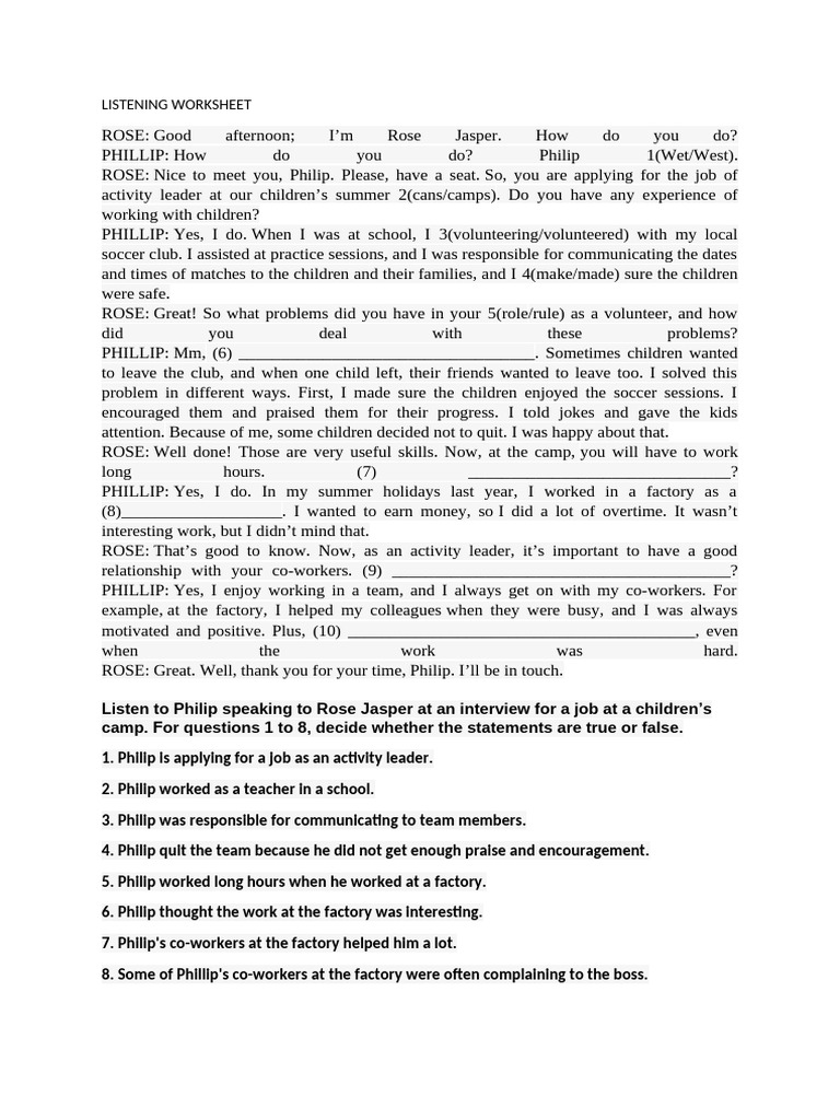 Job Interview Listening Worksheet | PDF