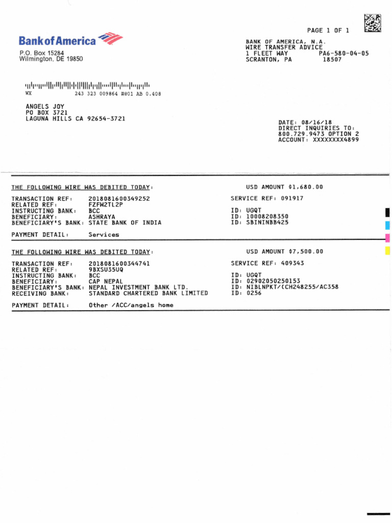 Bank of America Wire Transfer Advice | PDF | Personal Finance | Banking