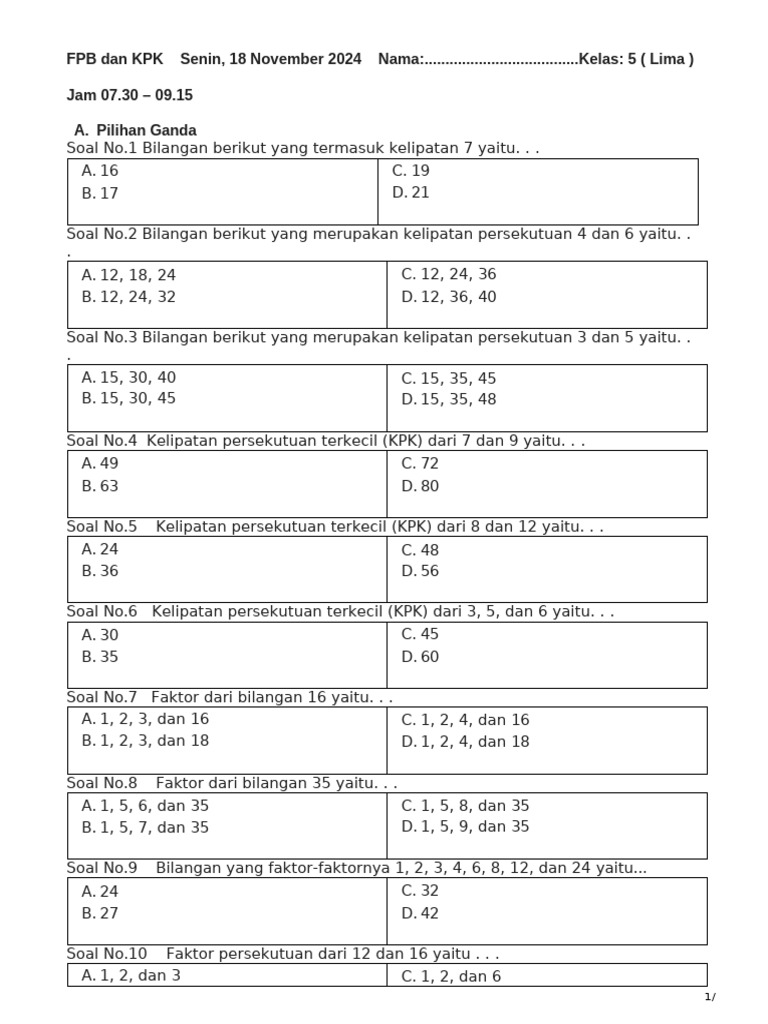 Soal Ulangan FPB Dan KPK Kelas 5 | PDF