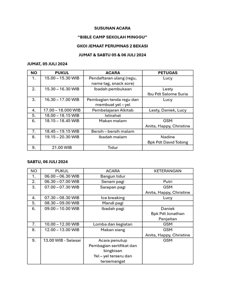 Susunan Acara Bible Camp 2024 | PDF