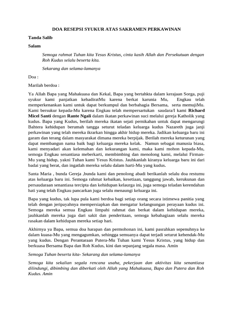 Doa Syukur Perkawinan Katolik | PDF | Memasak, Makanan, & Anggur