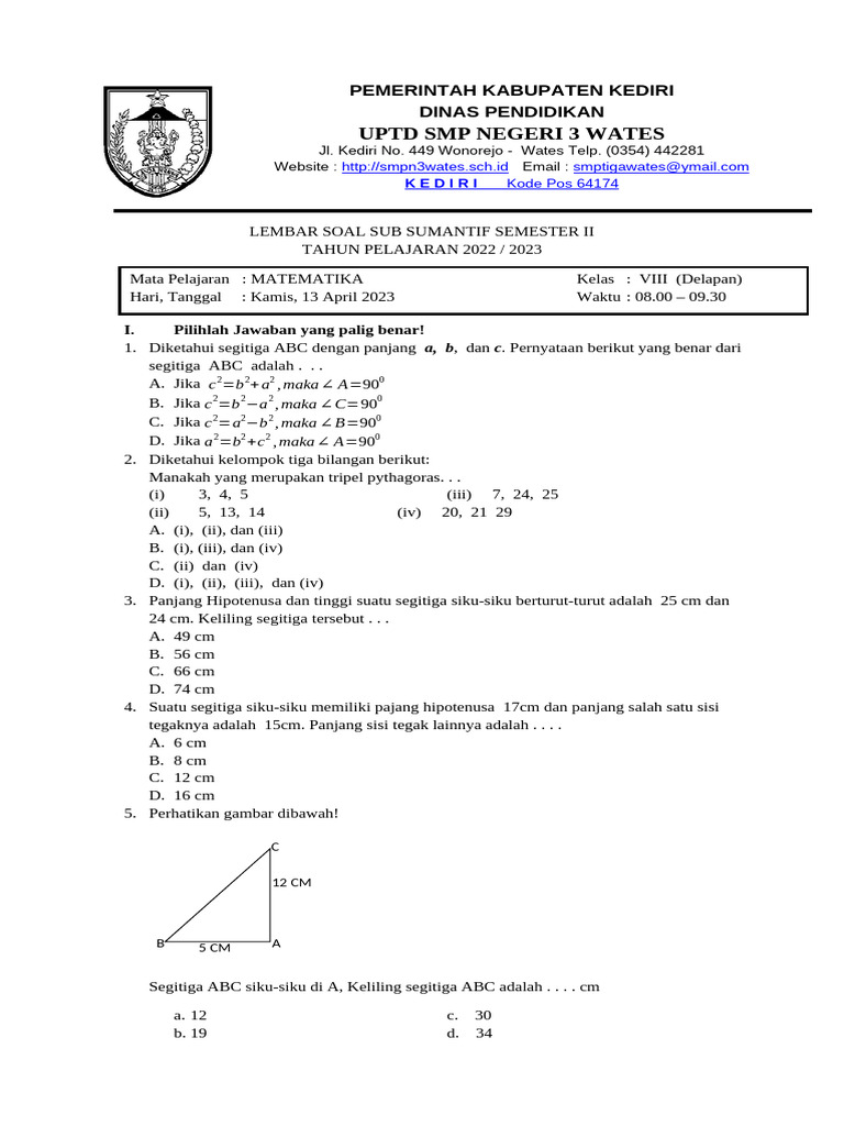 PTS Mat 8 2022 | PDF | Griya & Taman