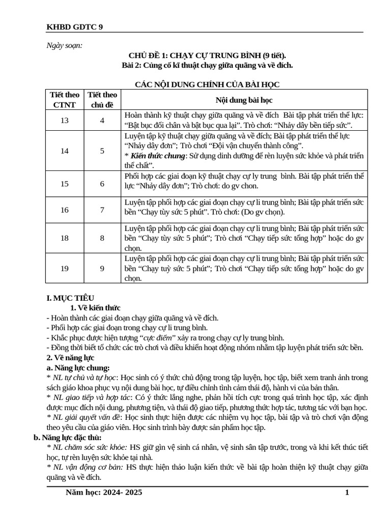 2024 2025 GDTC 9 Tiết 13,14,15,16,18,19 CĐ Chạy Cự Li Trung Bình | PDF