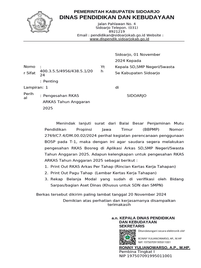 Surat Edaran Pengesahan RKAS ARKAS Tahun Anggaran 2025 | PDF