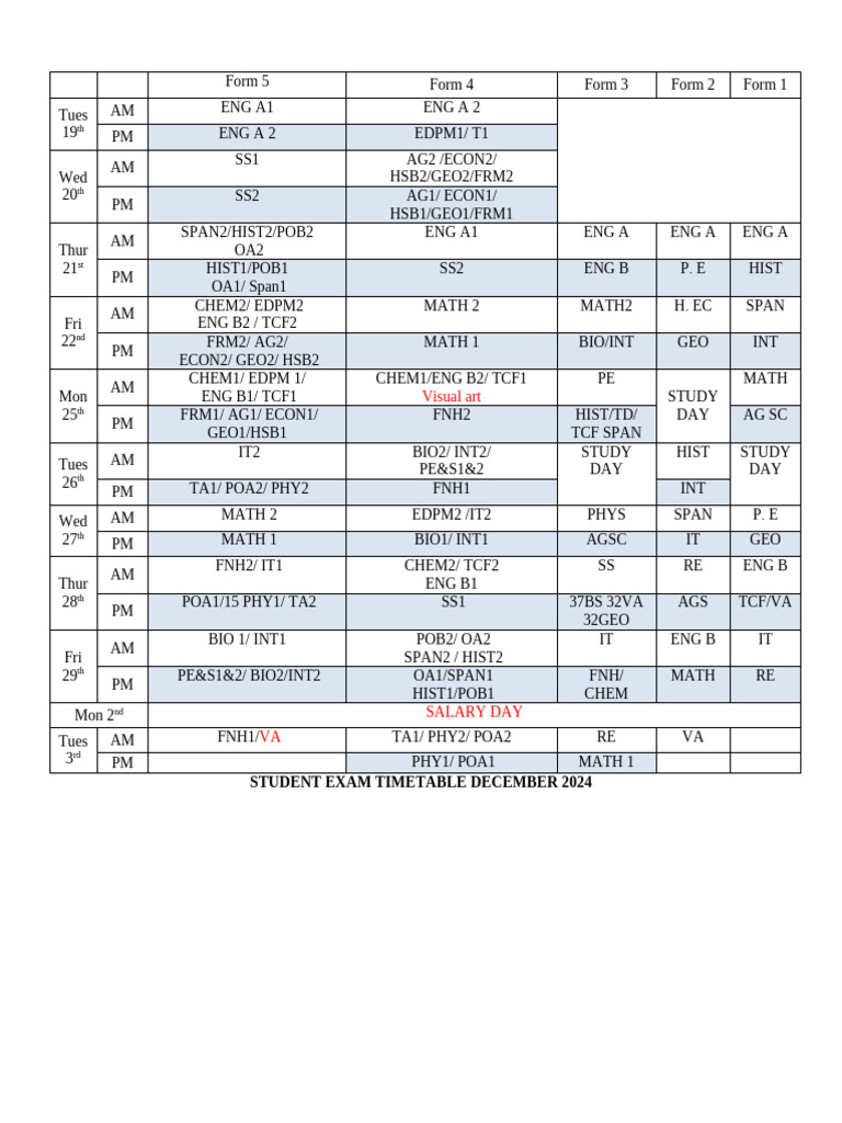 December 2024 Student Exam Schedule | PDF
