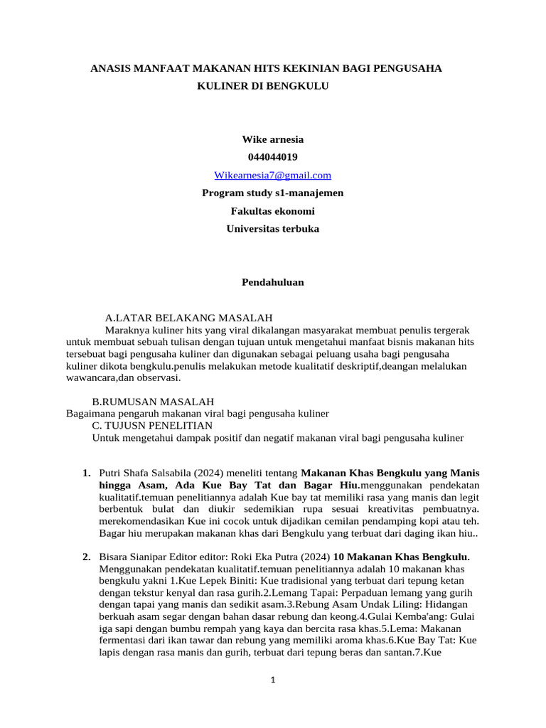 Karya Ilmiah Wike Arnesia (Manfaat Makanan Viral Bagi Pengusaha Kuliner ...