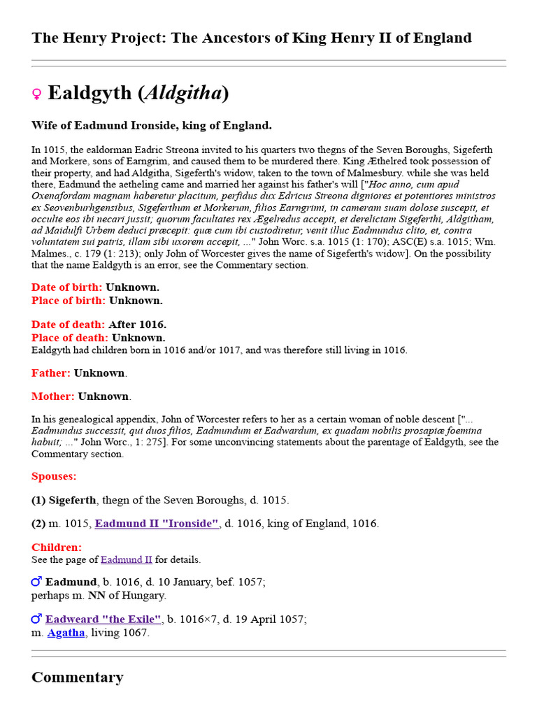 Ealdgyth Wife of Eadmund Ironside - The Henry Project | PDF | Medieval English People | Saxons
