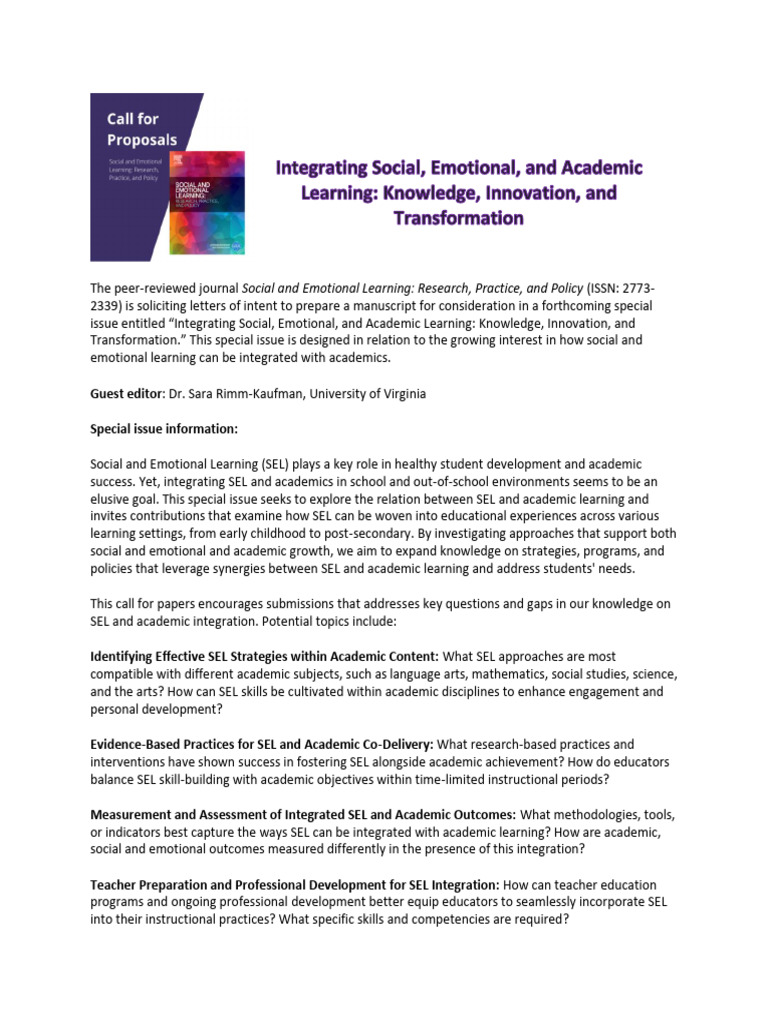 Call for Papers: SEL and Academic Integration | PDF | Learning ...